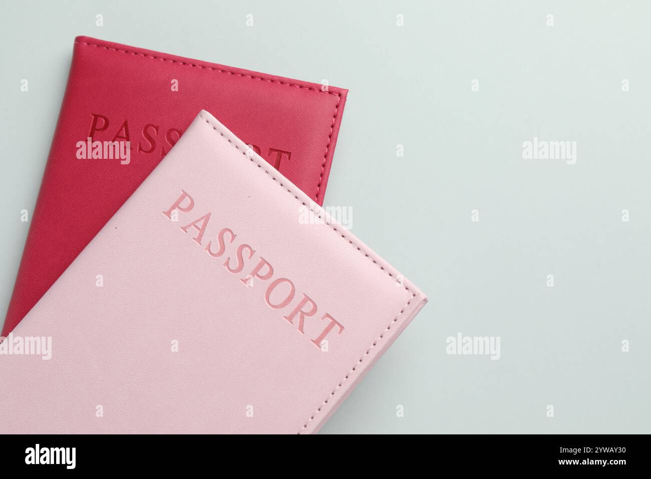 Passports in color covers on light background, top view. Space for text ...