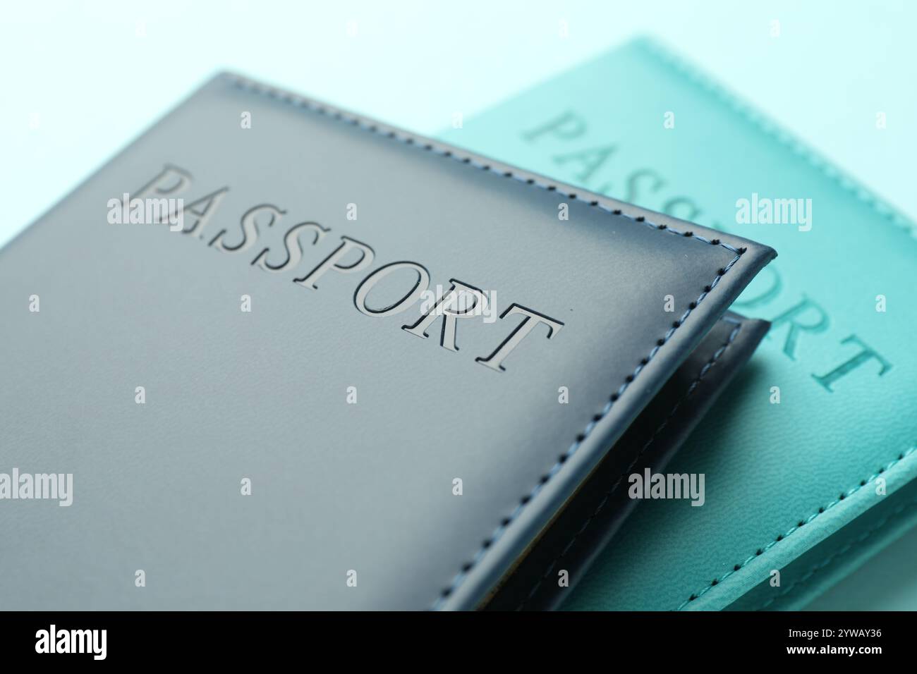 Passports in color covers on light blue background, closeup Stock Photo ...