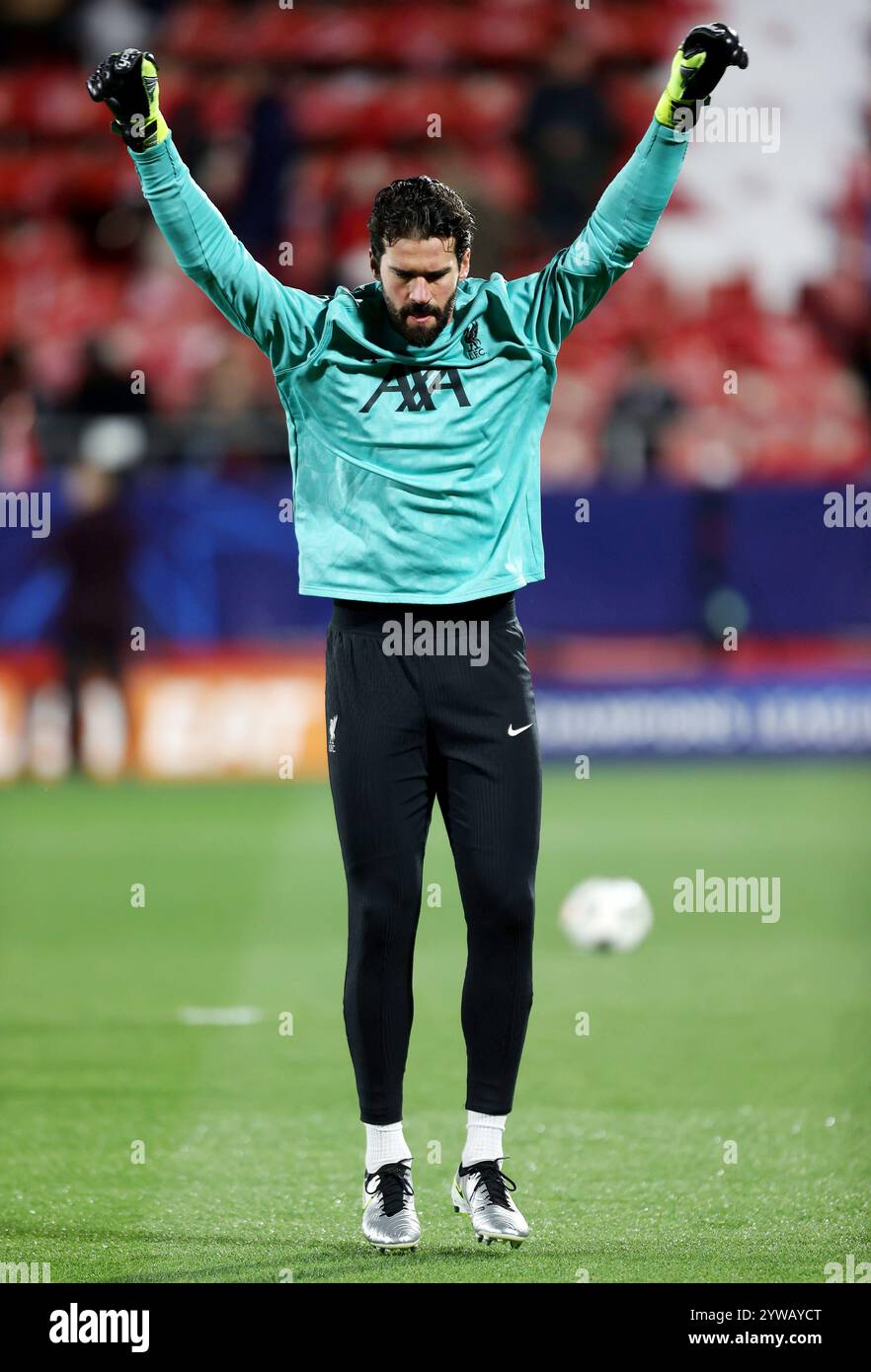 Liverpool goalkeeper Alisson Becker warms up ahead of the UEFA ...