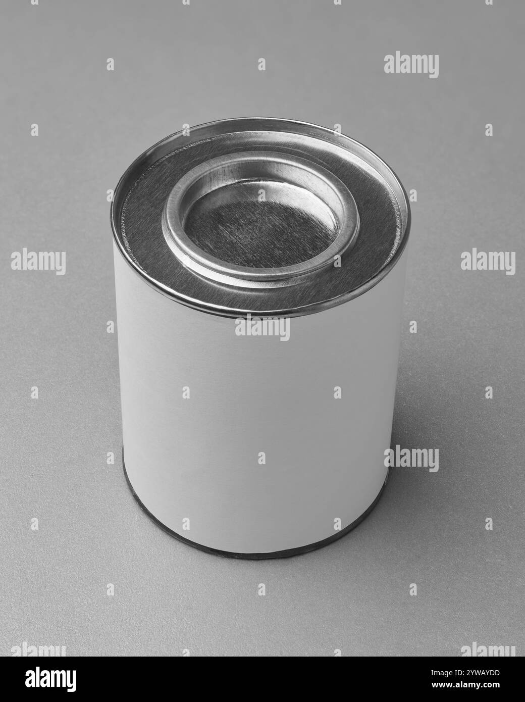silver tin can with lid closed and blank label isolated on gray ...