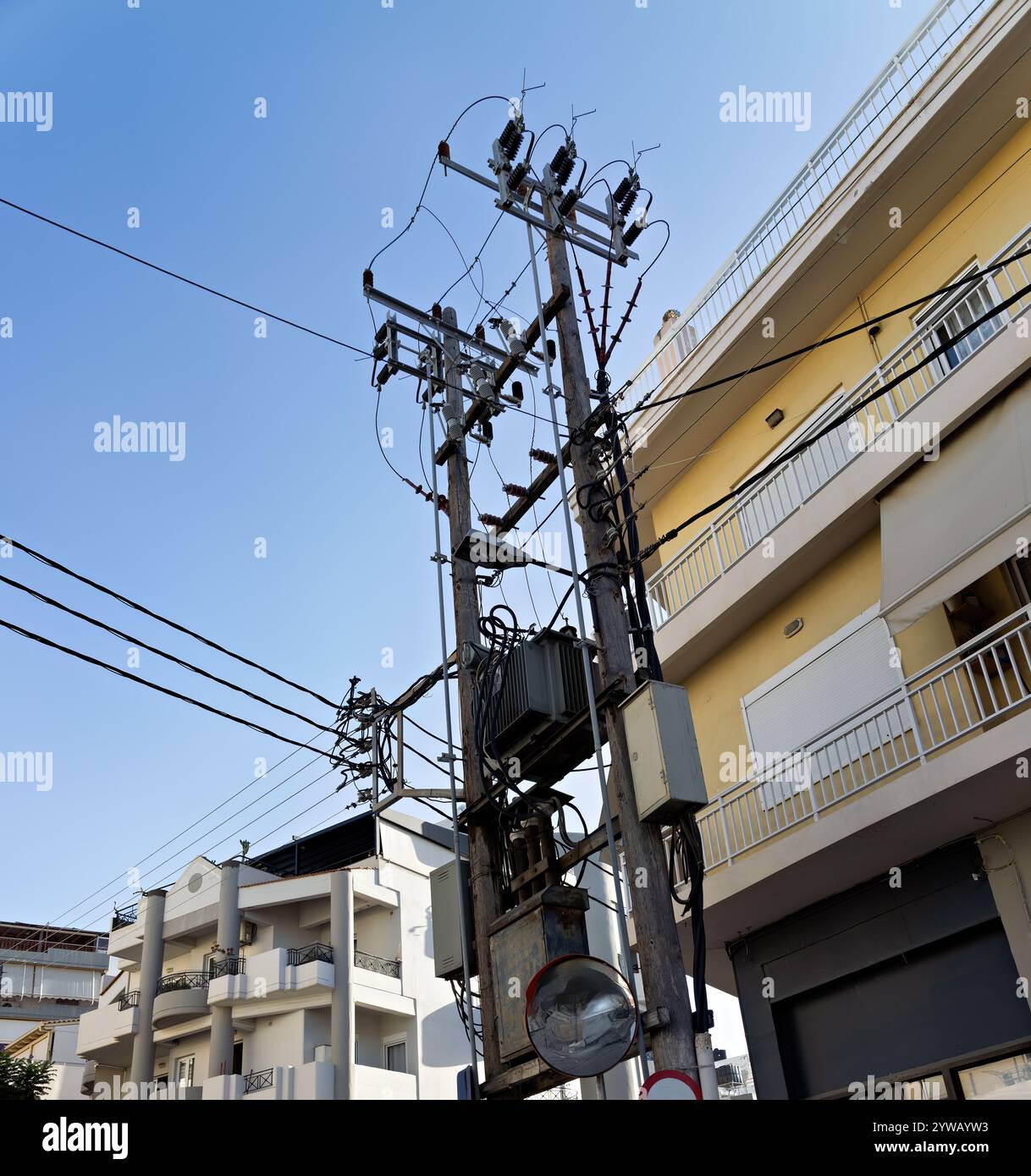 Power cabling and distribution on the street in Crete, Greece Stock ...