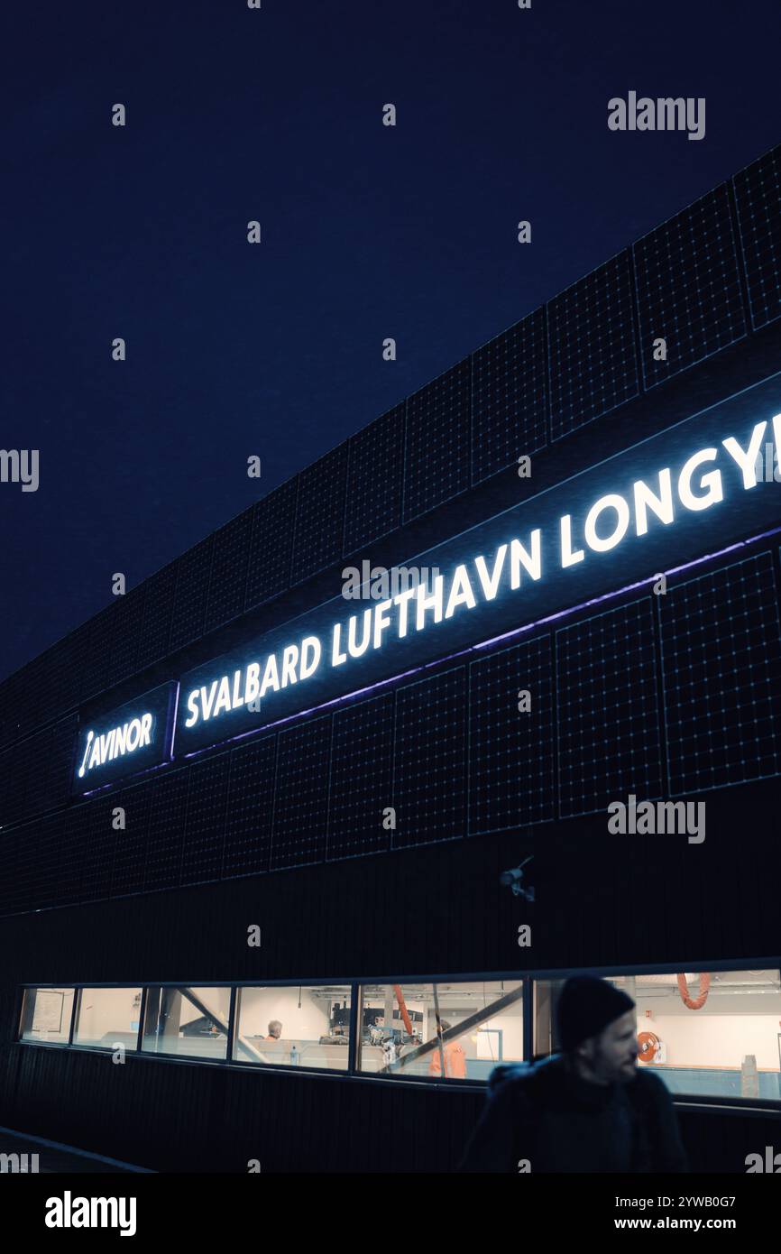 Svalbard Lufthavn sign at Longyearbyen airport at night Stock Photo - Alamy