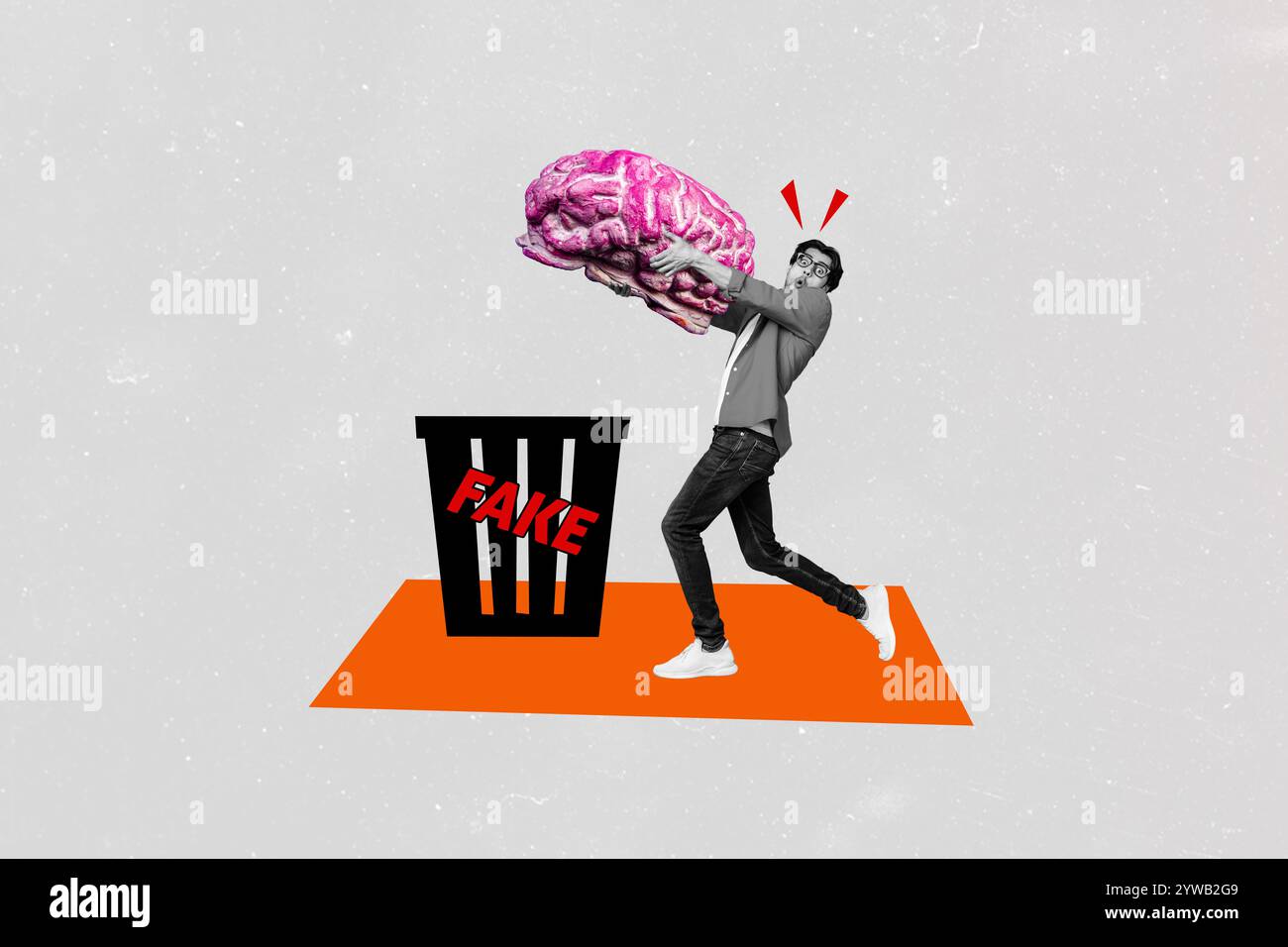 Creative photo collage young man carry brain mind throw away rubbish ...