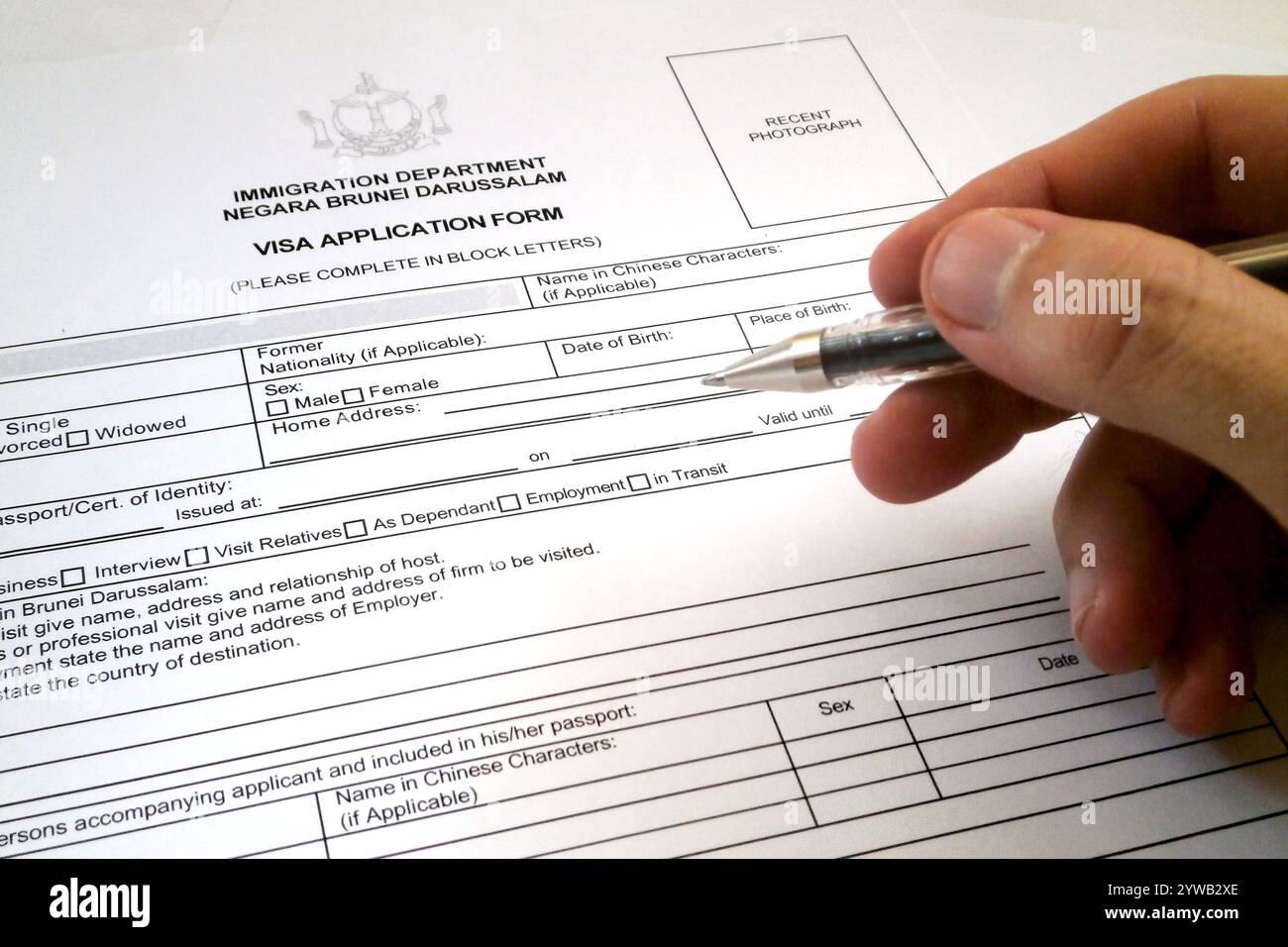 Somebody filling a visa application form to travel to Brunei Stock ...