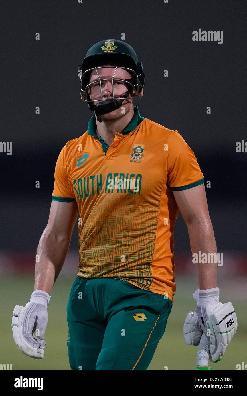 South Africa's David Miller leaves the field after losing his wicket ...