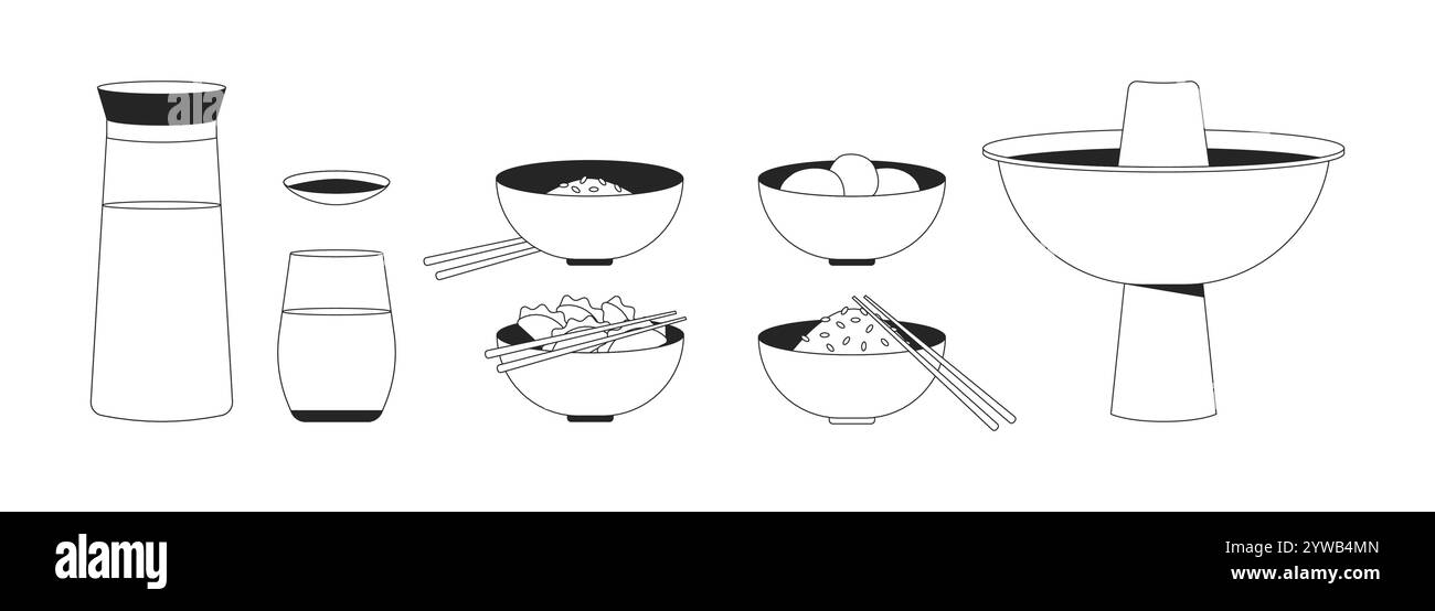 Authentic chinese cuisine black and white 2D line objects set Stock ...