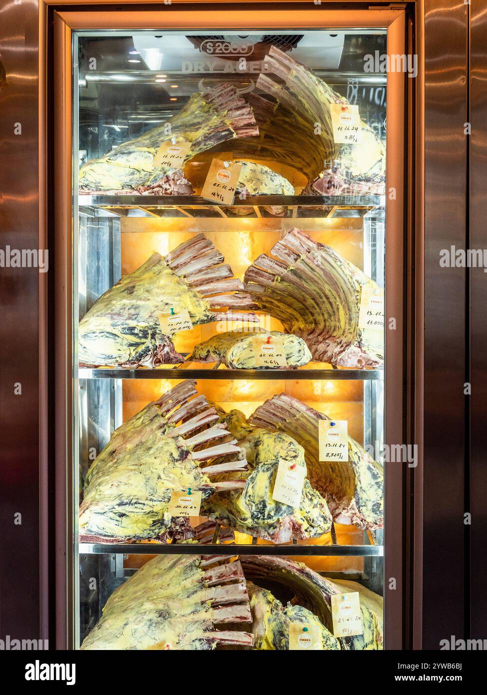 Yereva, Armenia - November 30, 2024: view of many beef ribs in meat ...