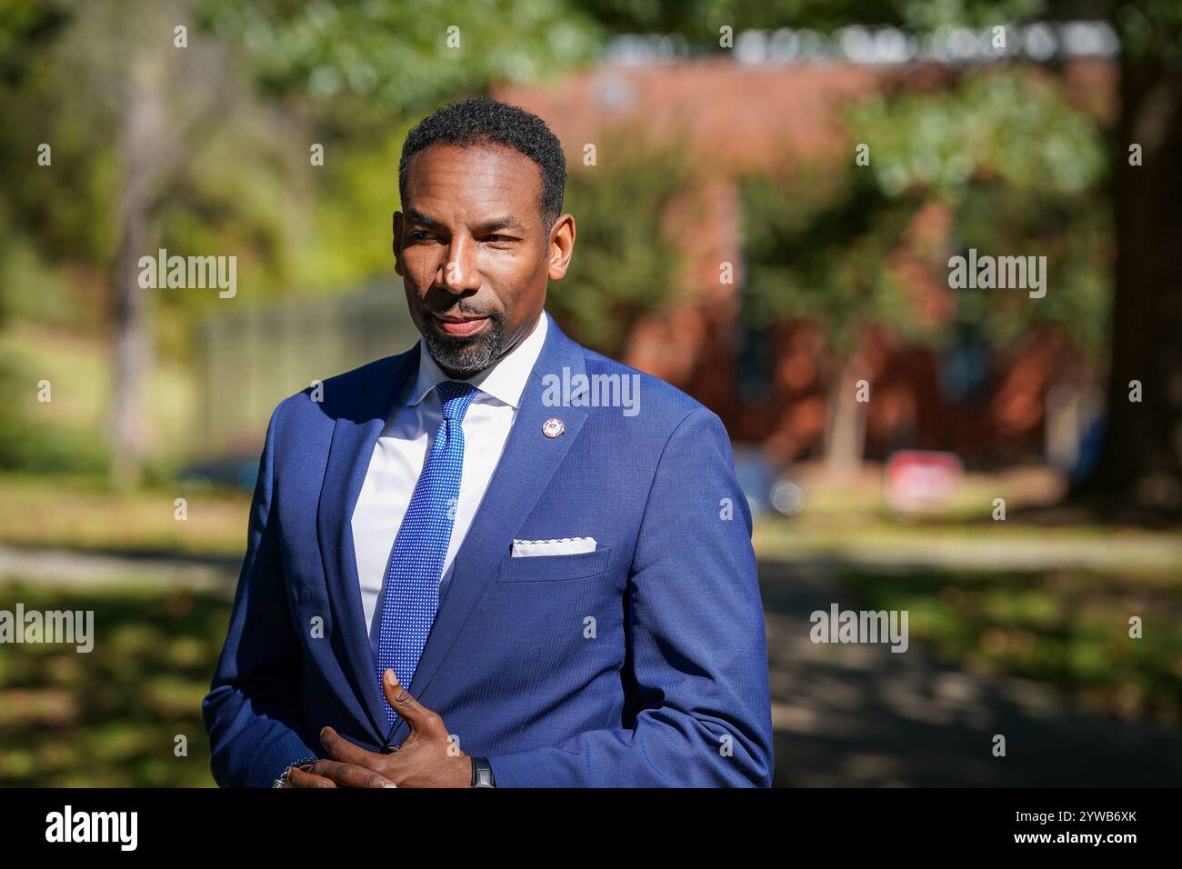 Atlanta Mayor Andre Dickens arrives at the Evelyn G. Lowery Library at ...