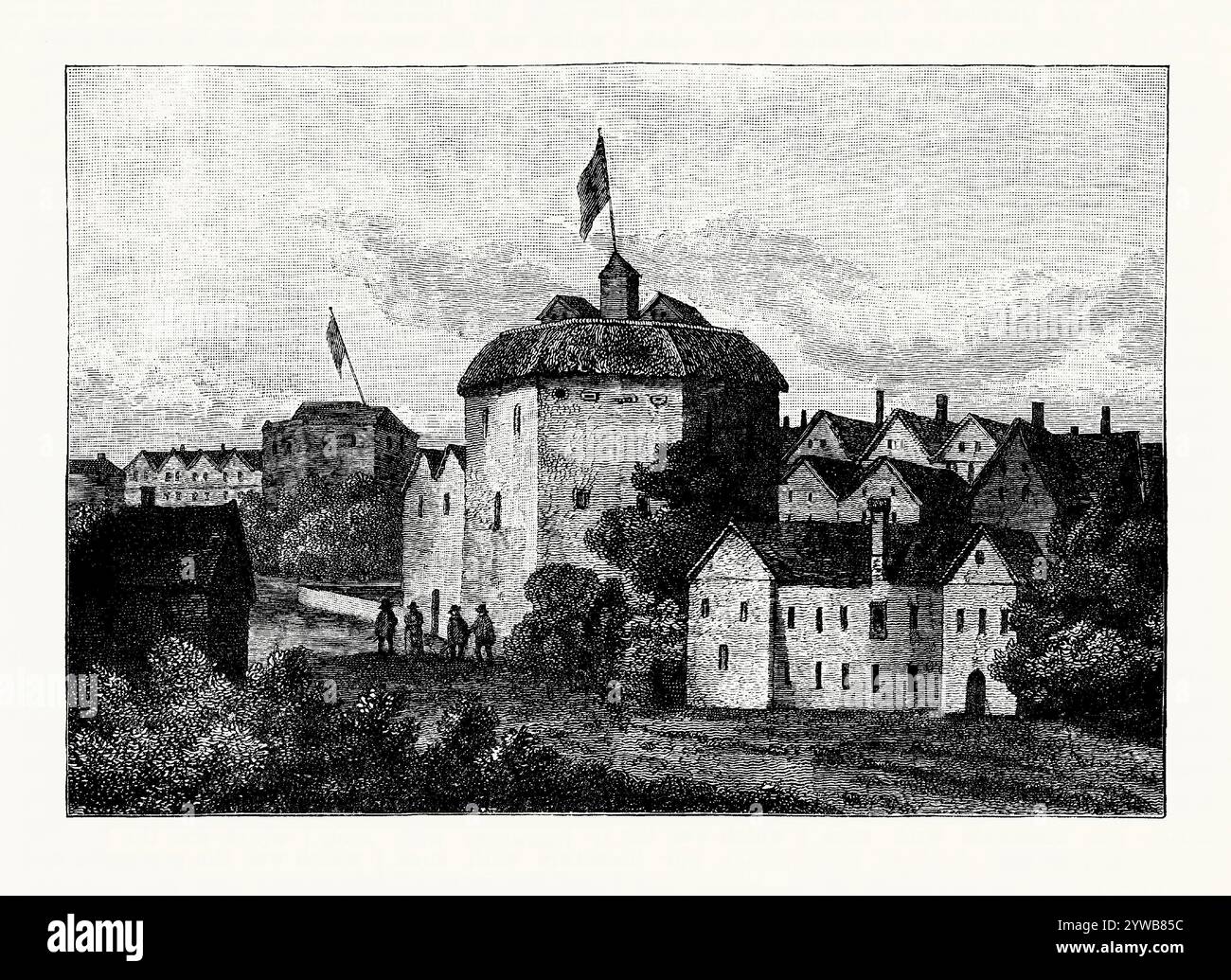 An old engraving of the first Globe Theatre, Southwark, London, England ...