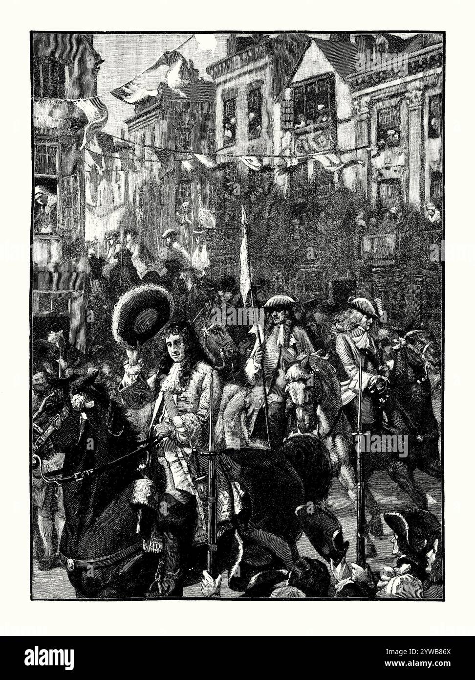 An old engraving of King William III in a triumphant procession in ...