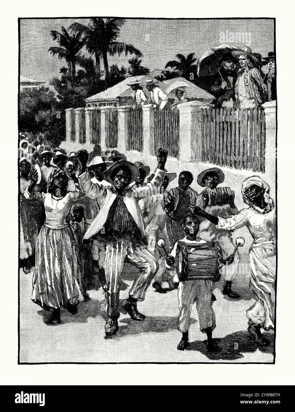 An old engraving of people dancing in the streets celebrating the end ...