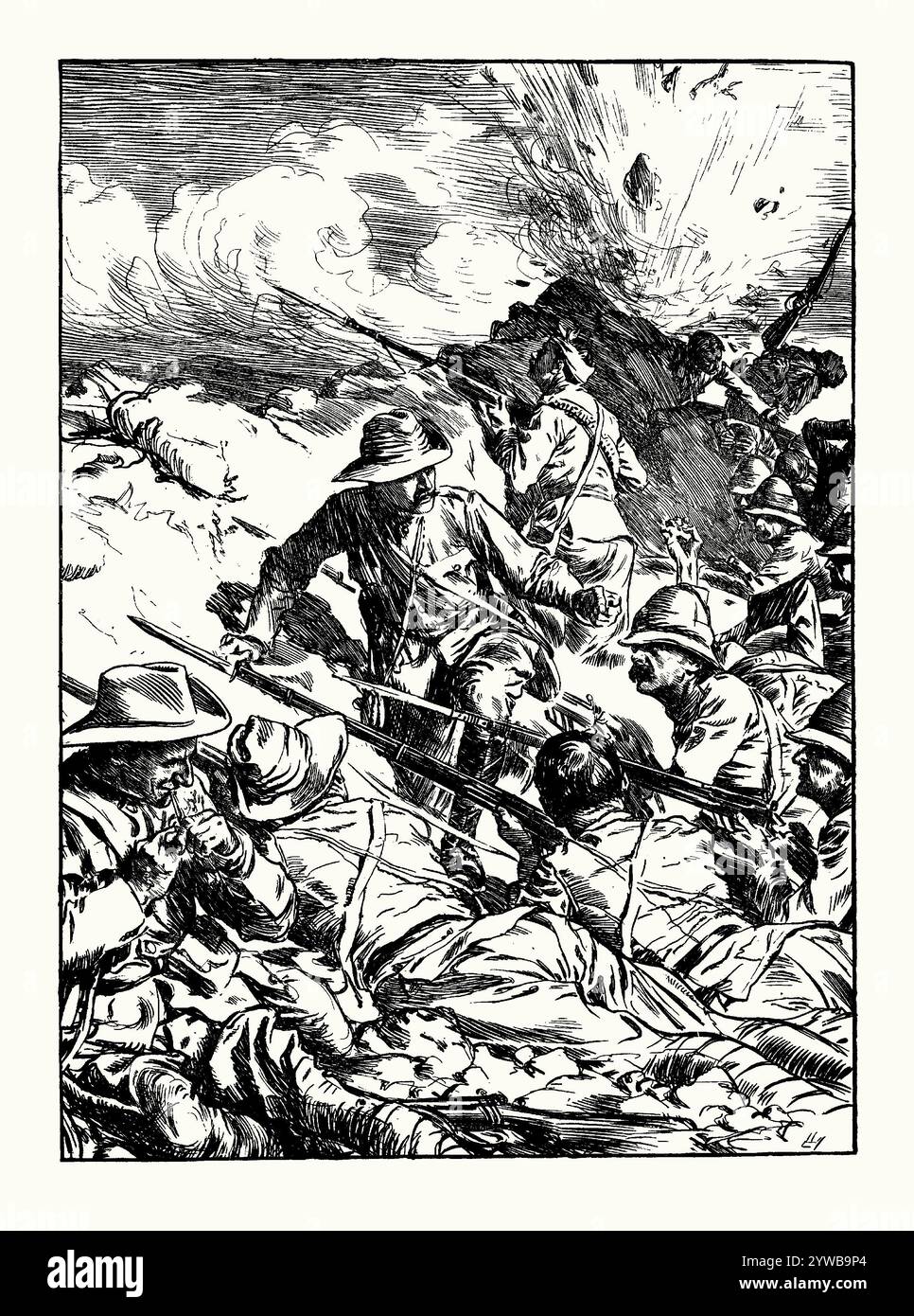 An old engraving of the Battle of Spion Kop during the Boer War in 1900 ...