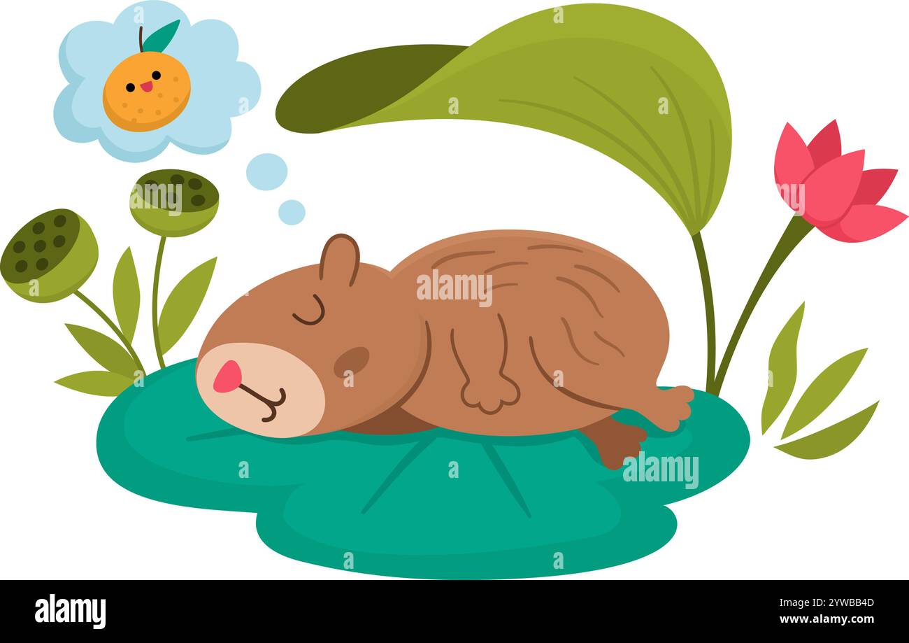 Vector capybara icon. Cute capibara sleeping on water lily leaf with ...