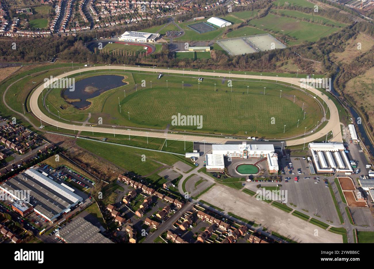 Aerial view of Dunstall Park racecourse in the City of Wolverhampton ...