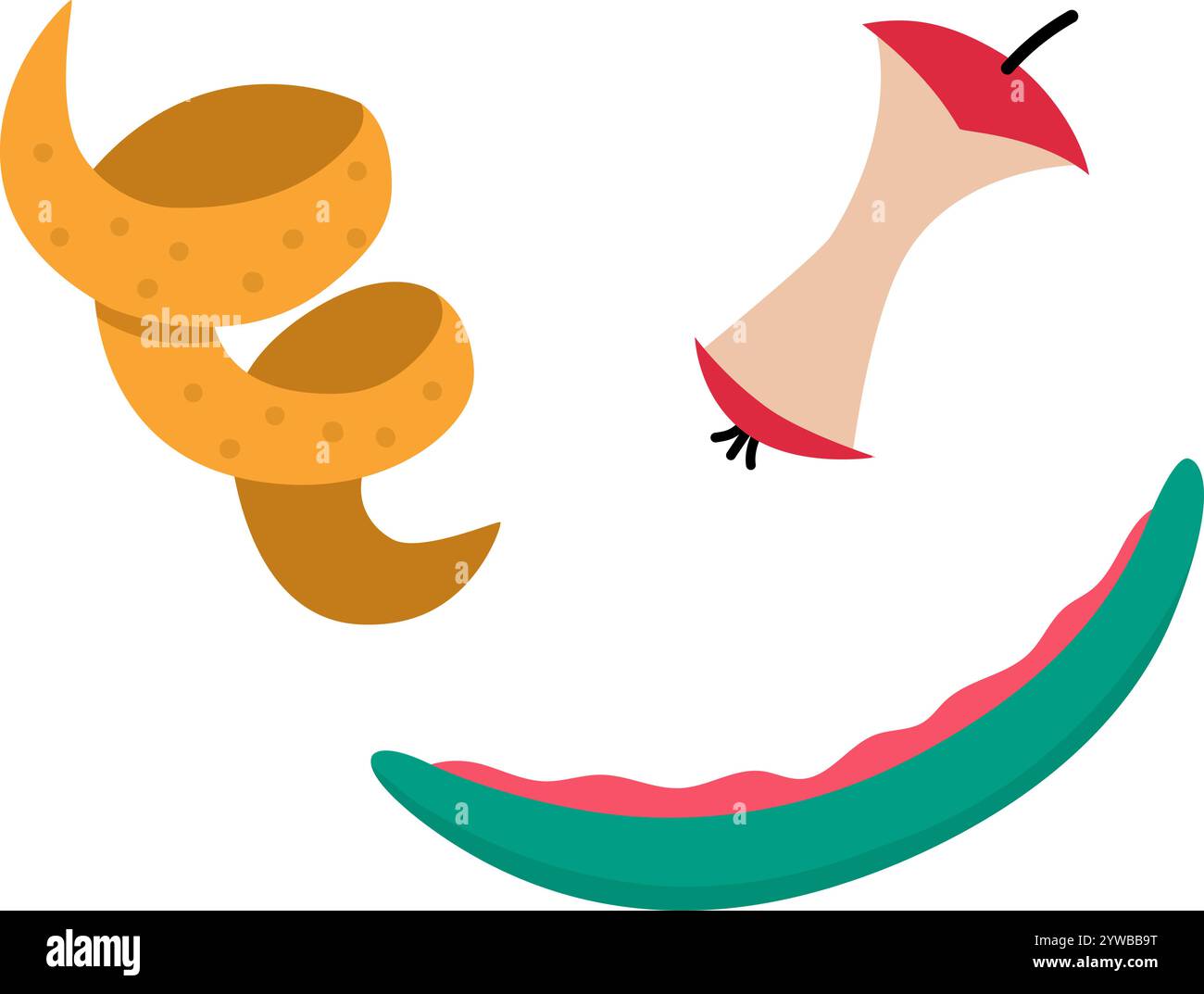 Vector set of fruit leftover icons. Flat apple stub, watermelon and ...
