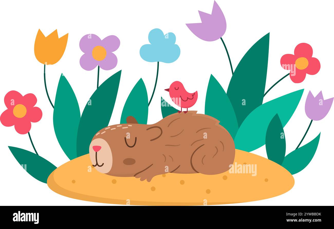 Vector capybara icon. Cute capibara sleeping on flower clearing with ...
