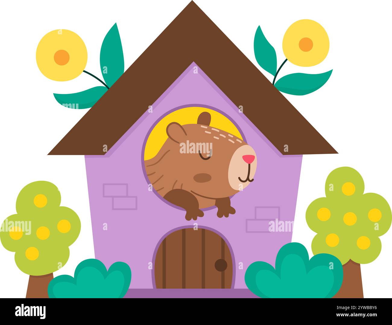 Vector capybara icon. Cute capibara sitting in little house with ...