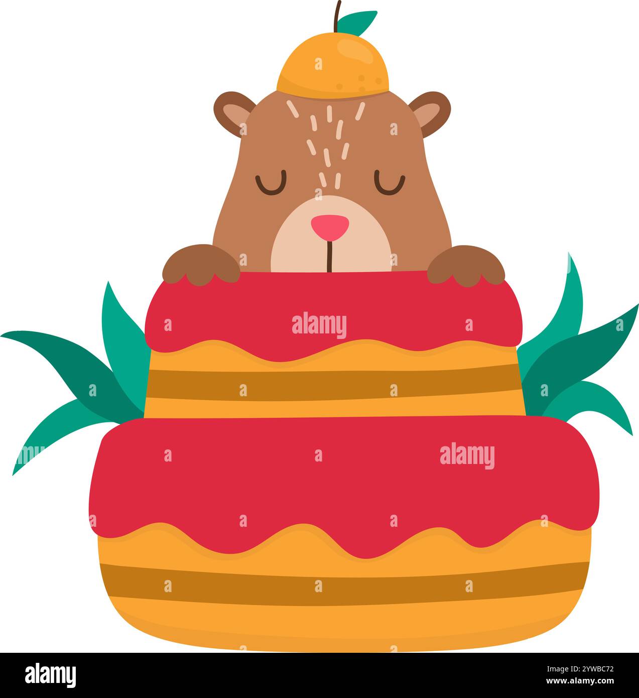 Vector capybara icon. Cute capibara sitting in tangerine cake with ...