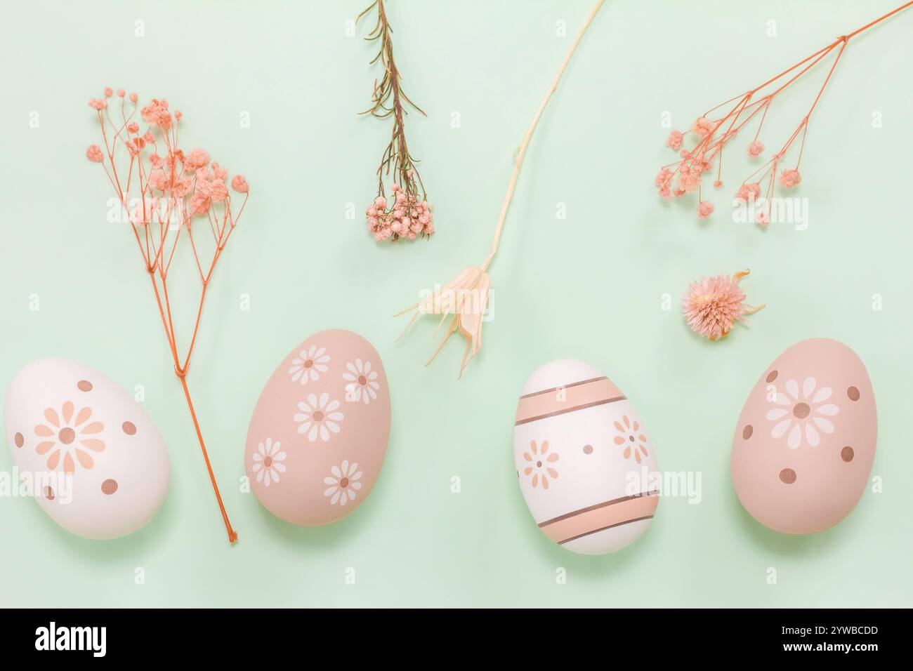 Decorative, peachy Easter eggs and dried flowers on mint green ...