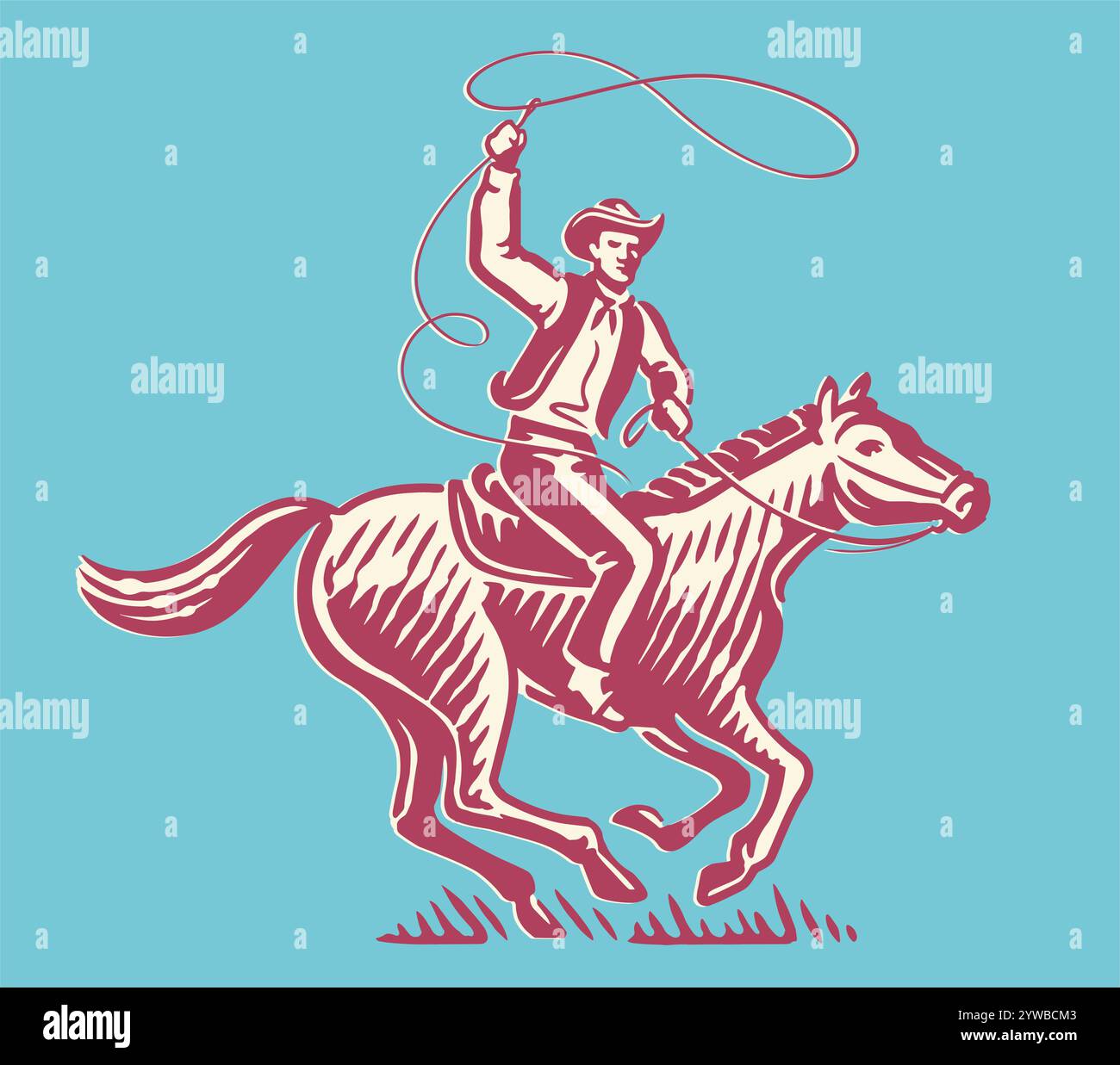 Cowboy with lasso riding on running horse. Rodeo emblem. Hand drawn ...