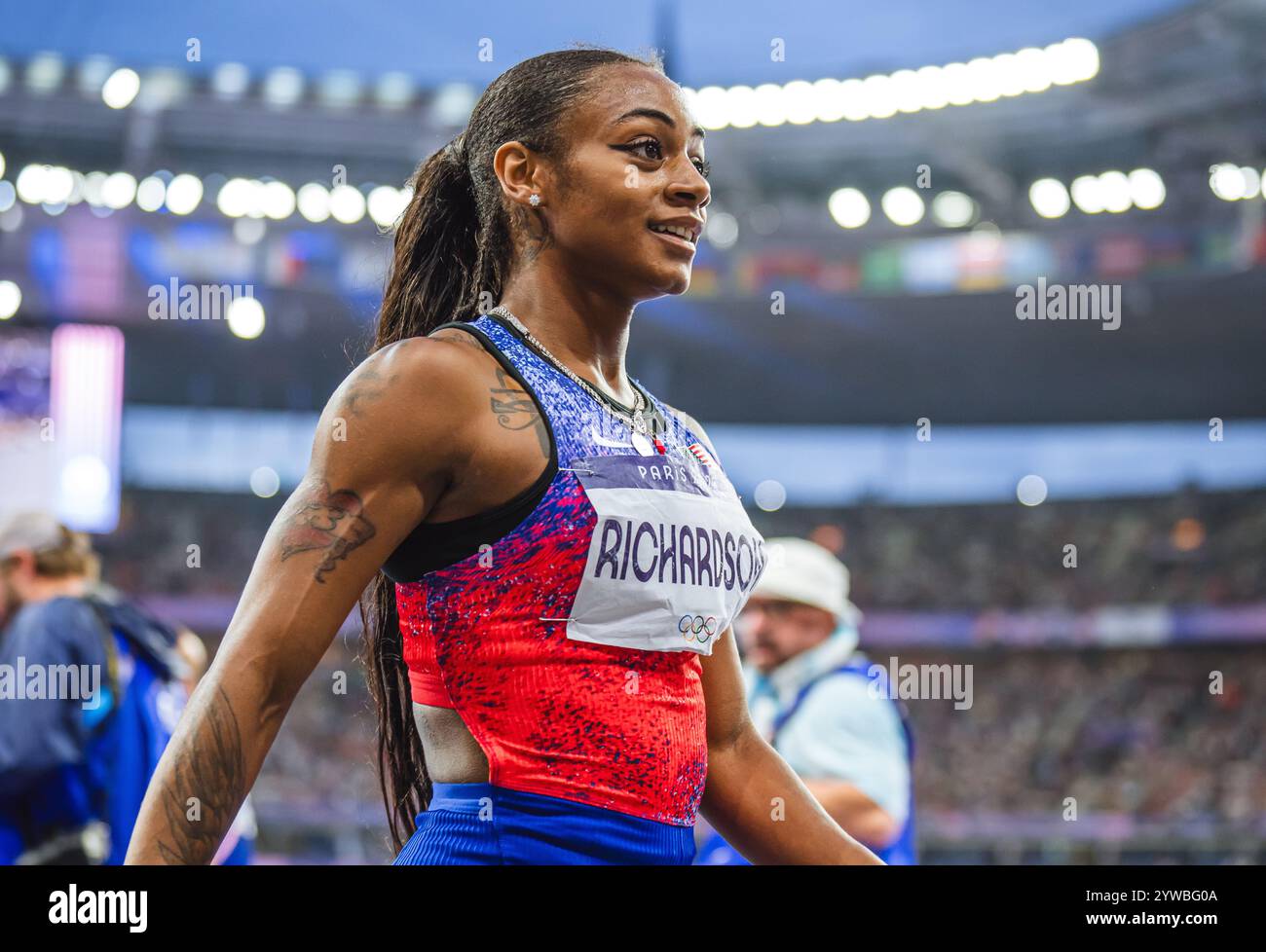 Sha'Carri Richardson participating in the 100 meters at the Paris 2024 ...