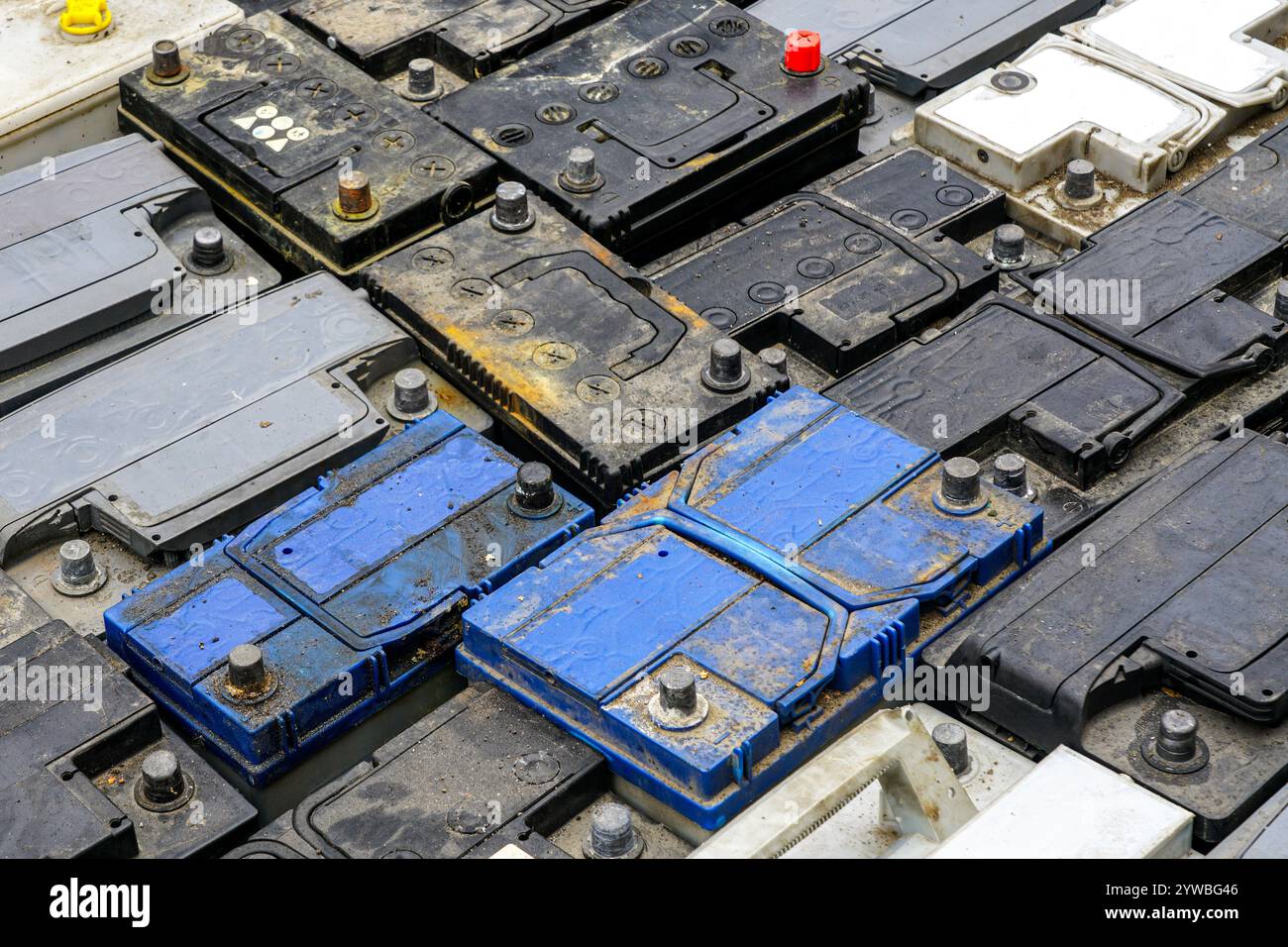 Stack of many used car lead batteries for recycling in a hazardous waste facility Stock Photo ...