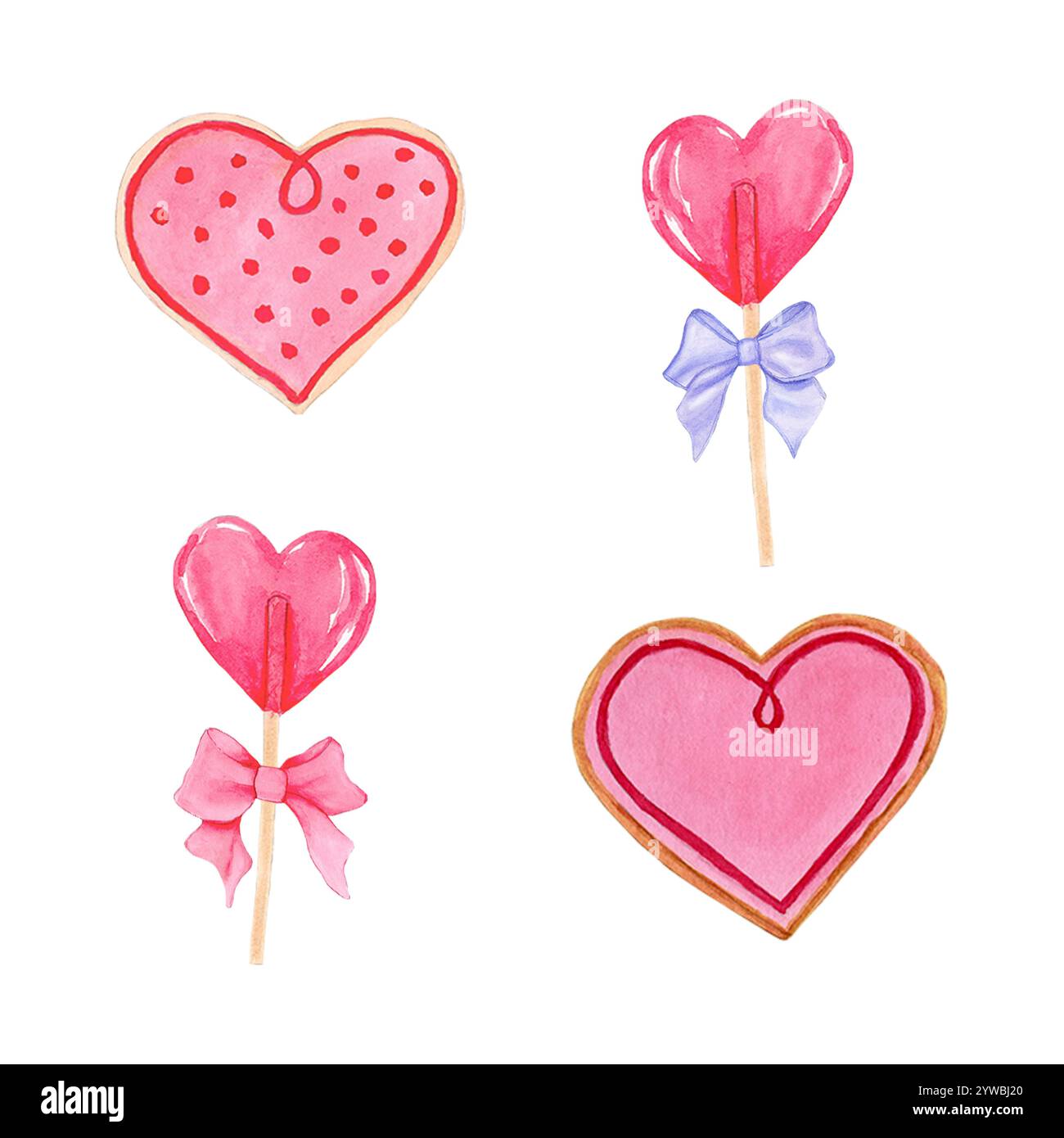 Watercolor set of heart-shaped cookies and lollipops with pink and ...