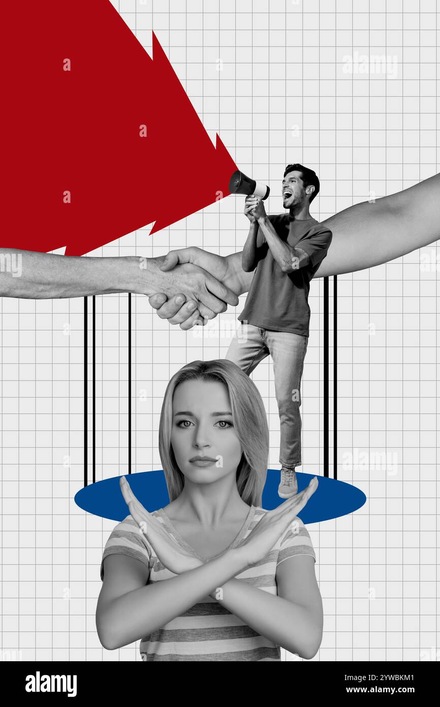 Vertical photo collage of angry man scream megaphone strike propaganda ...