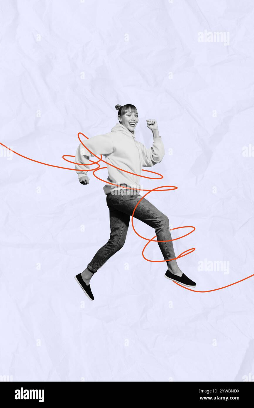 Vertical collage picture young woman run hurry step go walk rope string ...