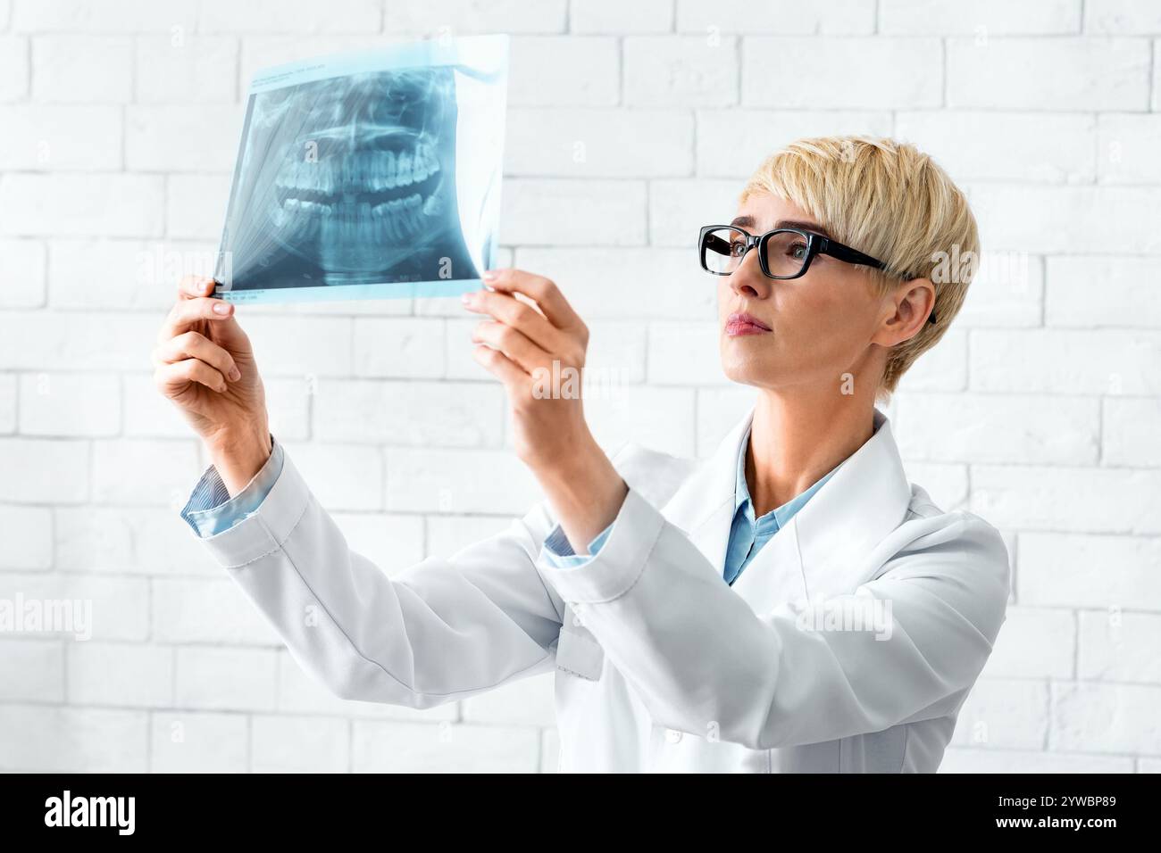 Doctor watches to x-ray. Woman dentist looks at snapshot of teeth on ...