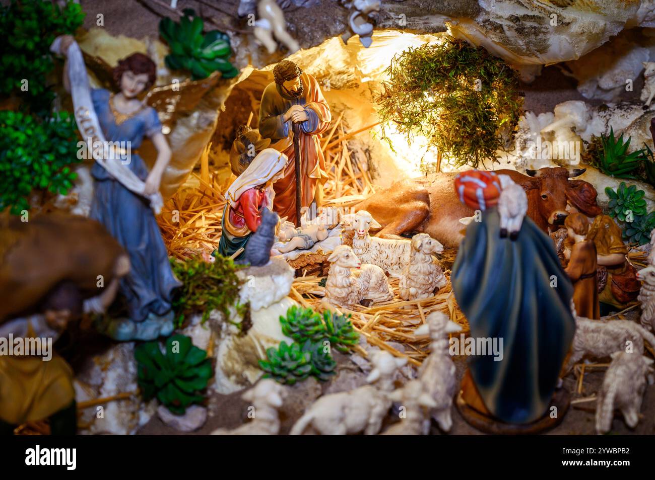 Nativity Scene with Baby Jesus, Mary, Joseph, and Shepherds Surrounded ...
