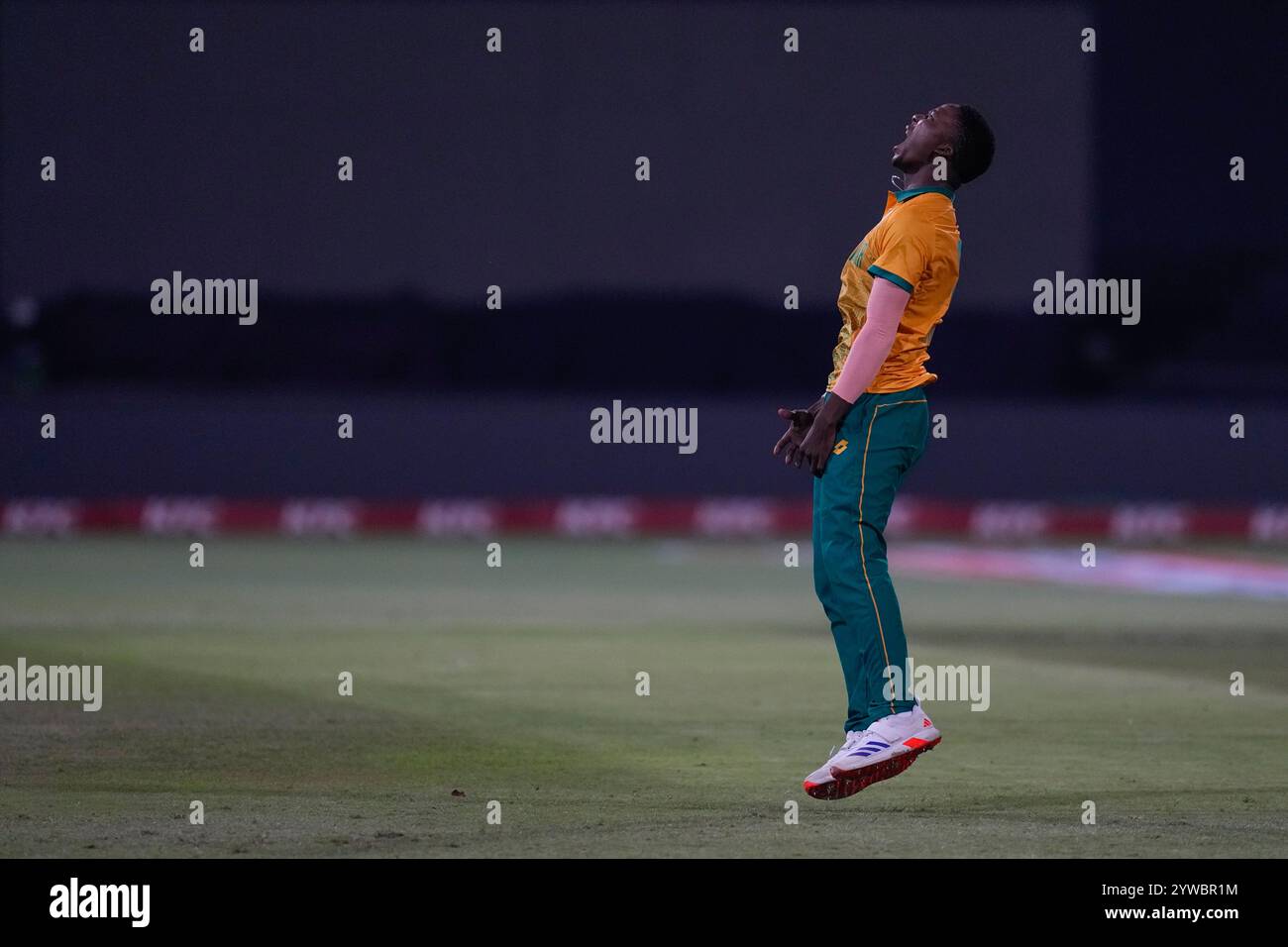South Africa's Kwena Maphaka celebrates the wicket of Pakistan's ...