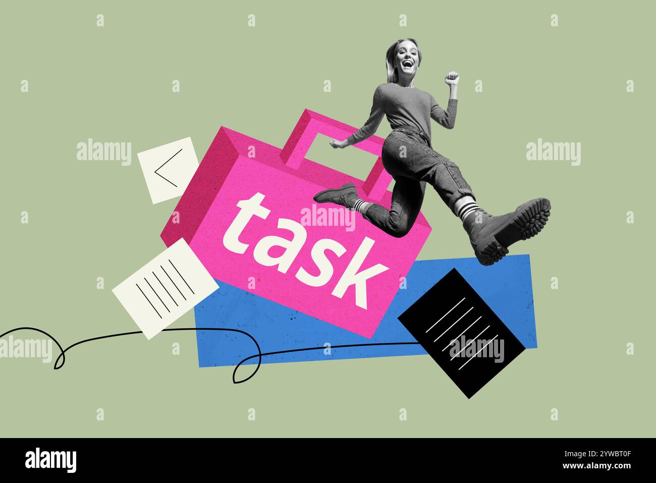 Contemporary poster trend art collage of happy girl workaholic run ...