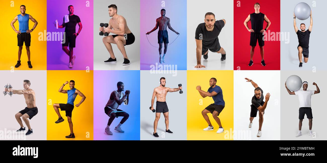 Group of men engaging in diverse workout routines in a vibrant setting ...