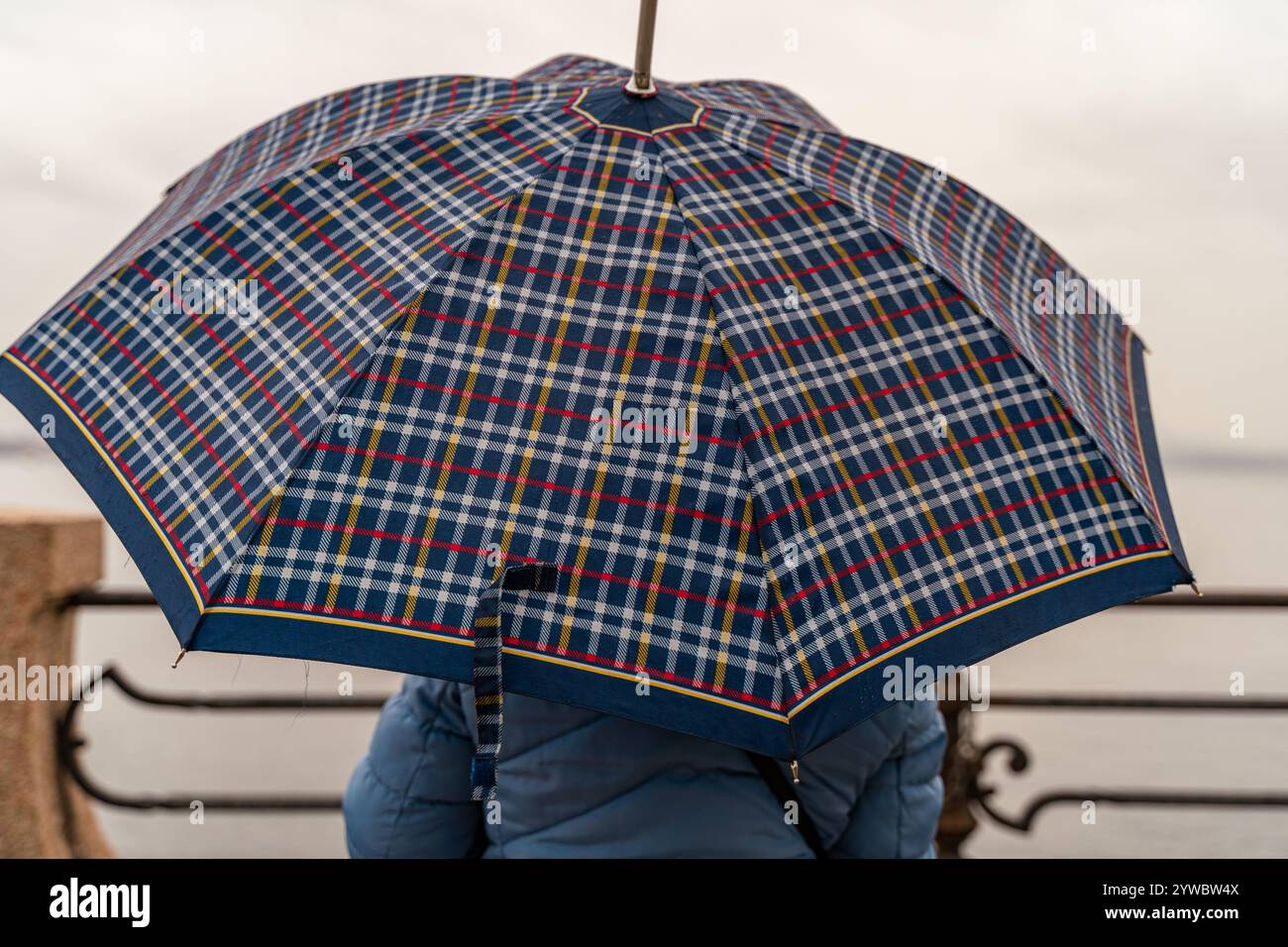 Attractive middle-aged woman sitting from behind in the rain with an ...