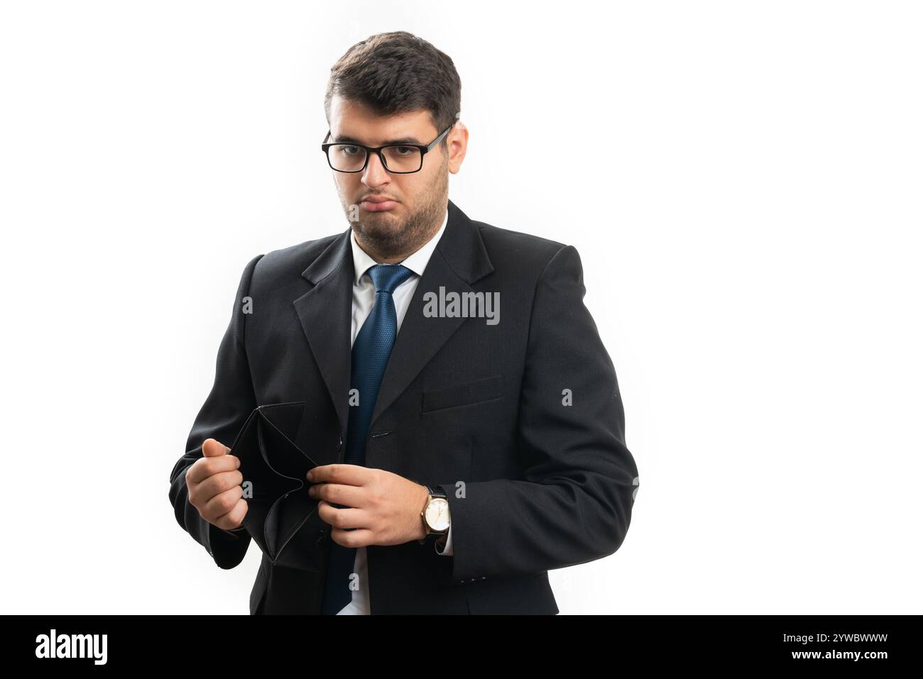 Sad adult businessman wearing smart casual office suit showing ...