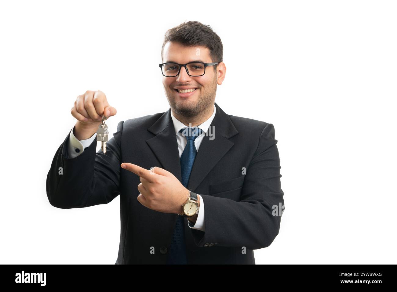 Adult male real estate agent wearing smart casual suit and glasses with ...