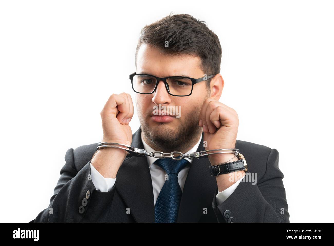 Close-up of angry sad expression corrupted businessman wearing suit and ...