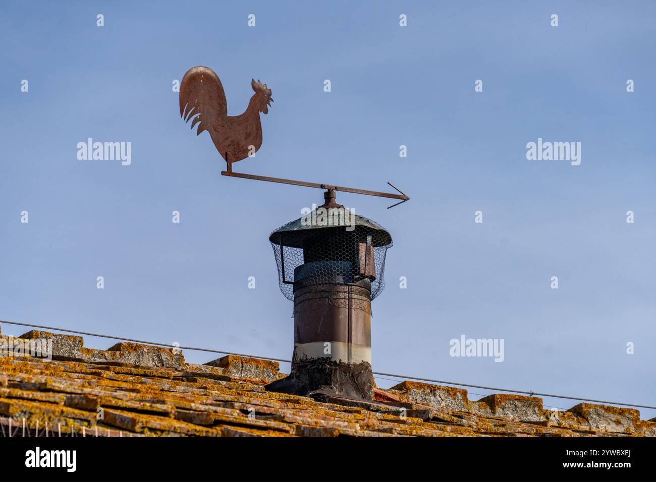 A metal weathervane rooster in the medieval walled town of ...