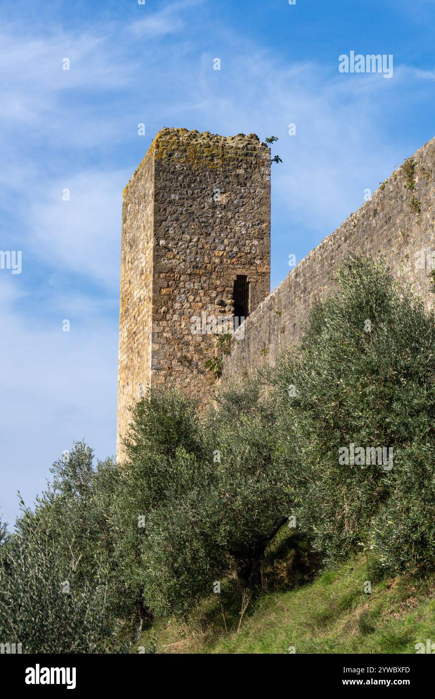 Watchtower on the city wall of the medieval walled town of ...
