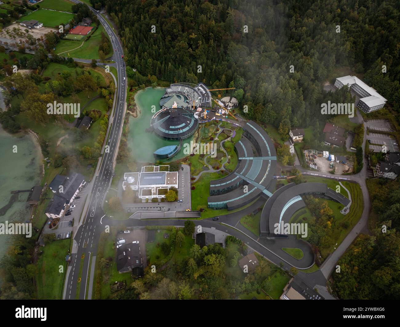 Aerial view of the Red Bull headquarter in Fuschl am See, Austria, with ...
