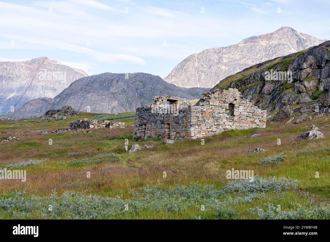 Landscape with the Norse ruins of the church at Hvalsey against ...