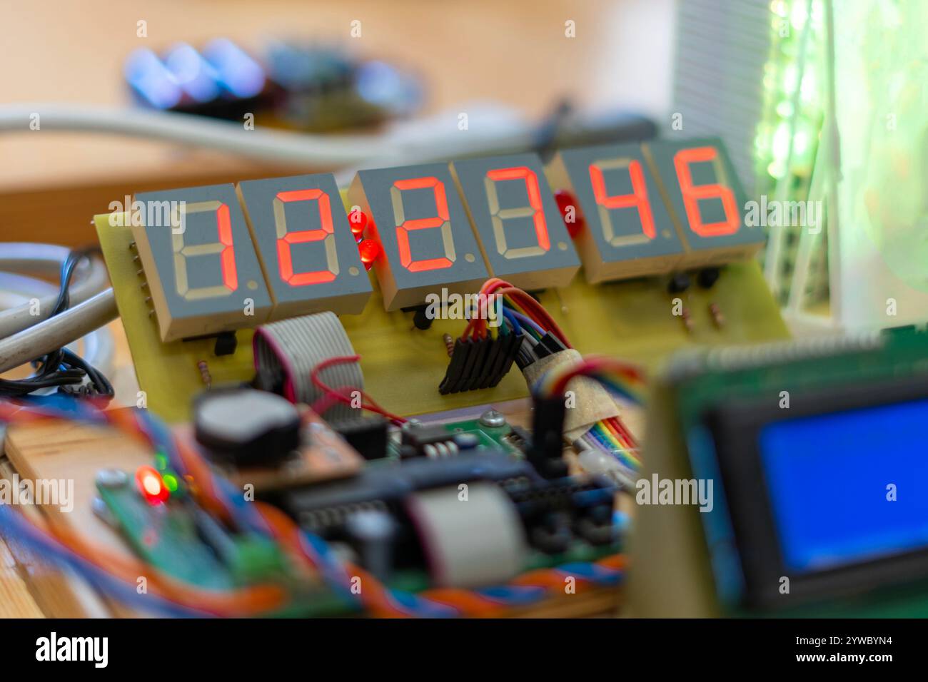 Close-up of the inside of a digital clock circuit with a dial Stock ...