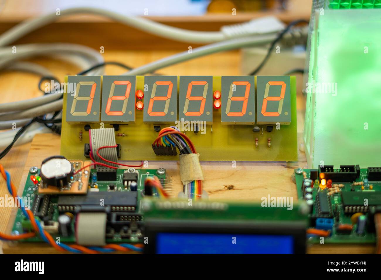 Close-up of the inside of a digital clock circuit with a dial Stock ...