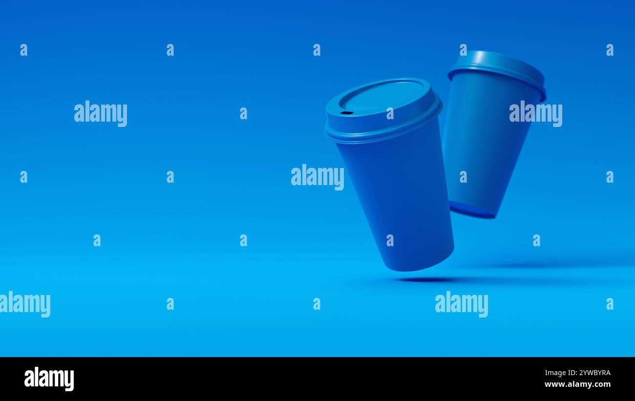 Two Minimalist Blue Blank Paper Coffee Cup floating above blue ...