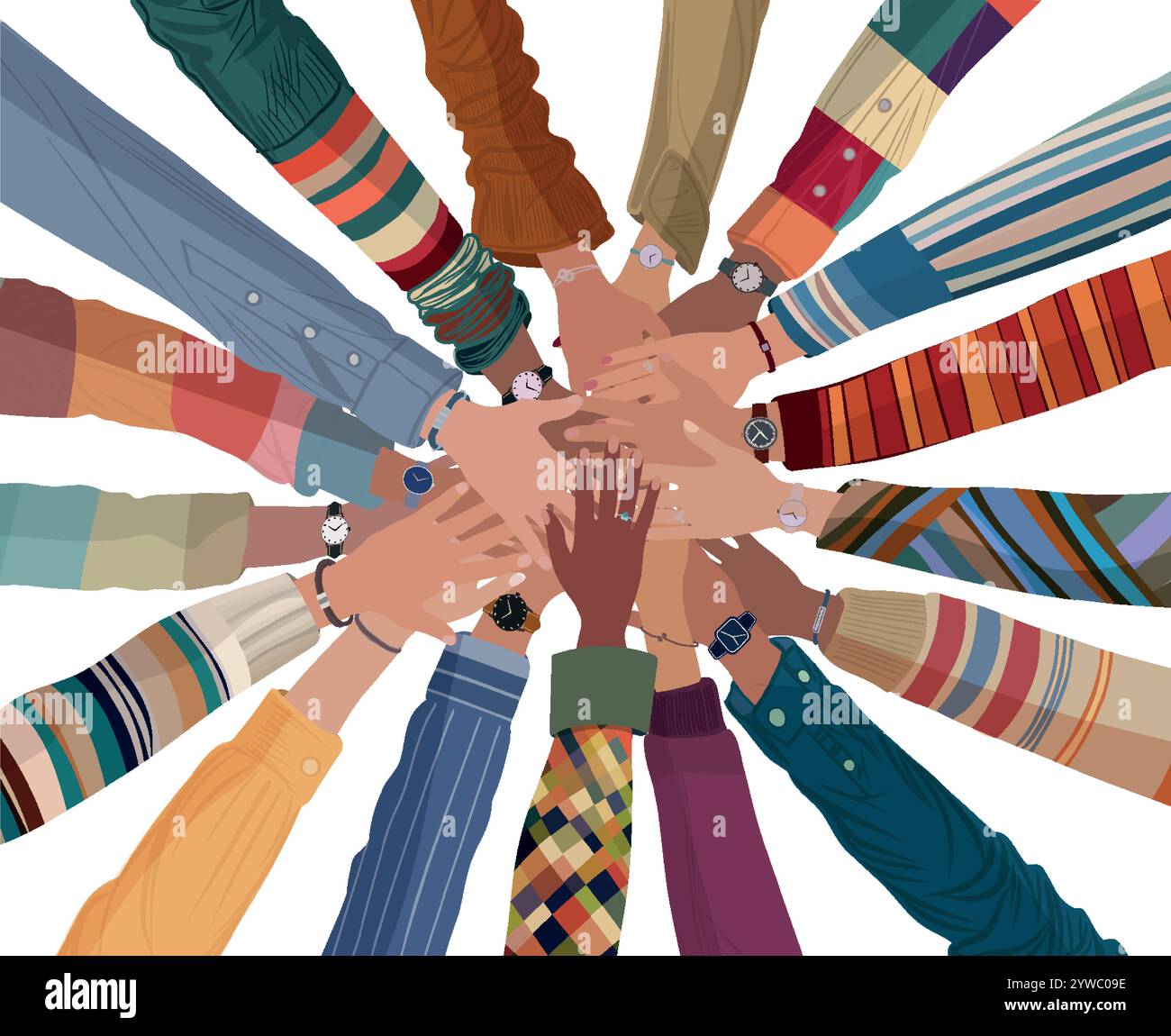 A group of hands stacked on top of each other. Diverse multicultural ...