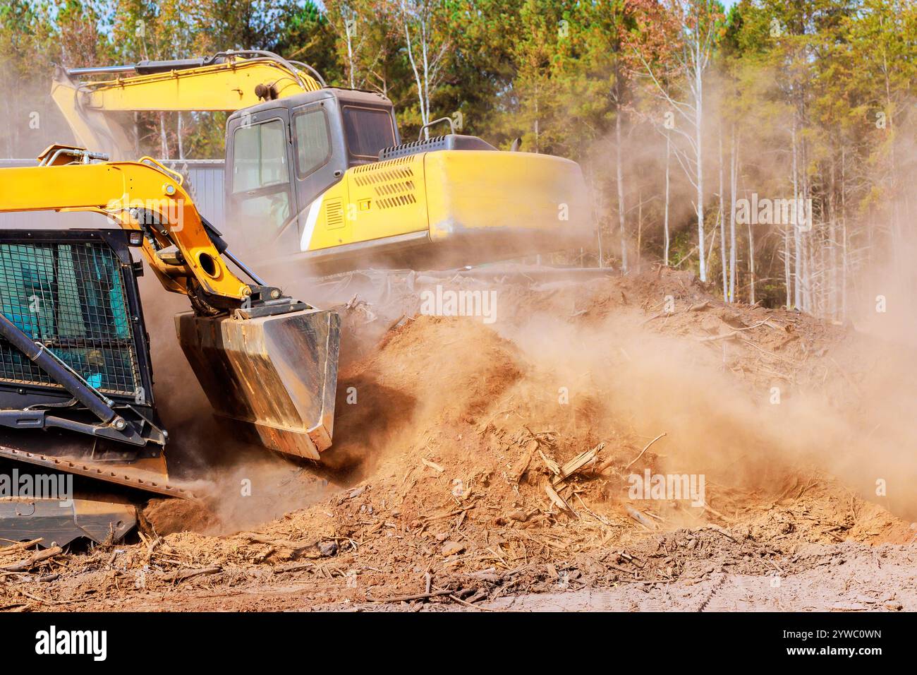 Using bulldozer, earthmoving is being conducted on construction site ...
