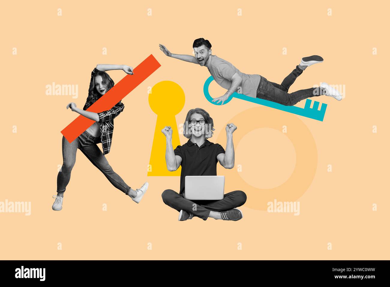 Composite trend artwork sketch image collage of group of people jumping ...