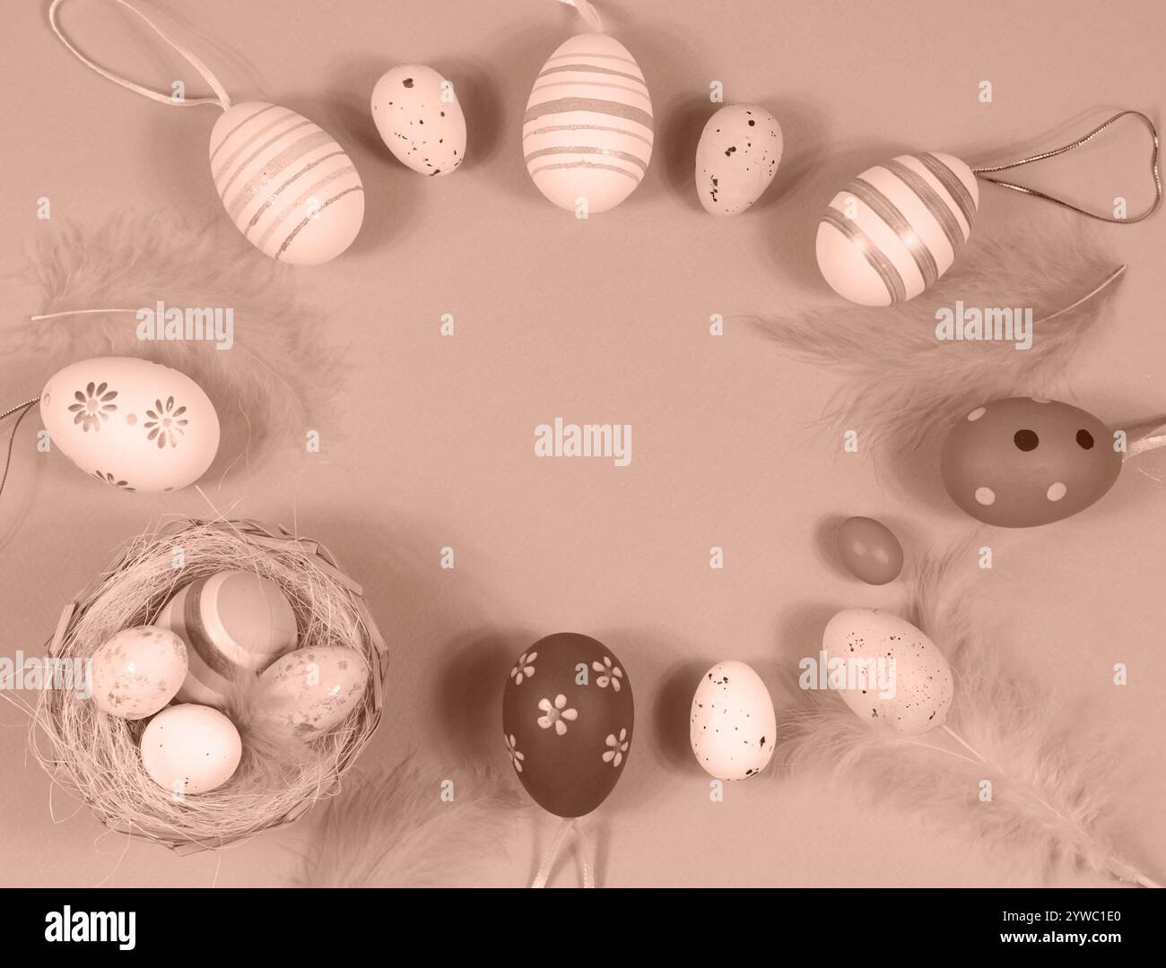 Easter frame with eggs and feathers. Demonstrating color of 2025 year ...