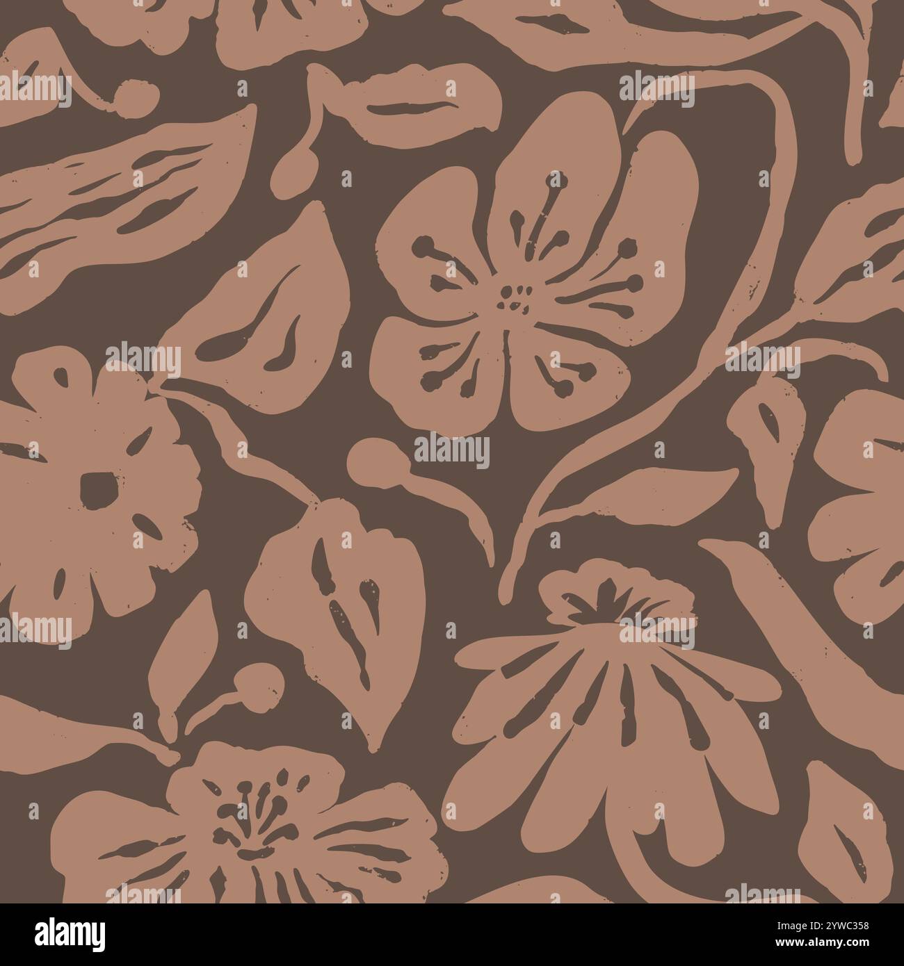 Brush strokes inky flowers brown seamless pattern Stock Vector Image ...